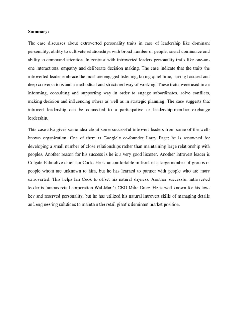 Case Study On Leadership Behavior | PDF | Extraversion And Introversion | Shyness