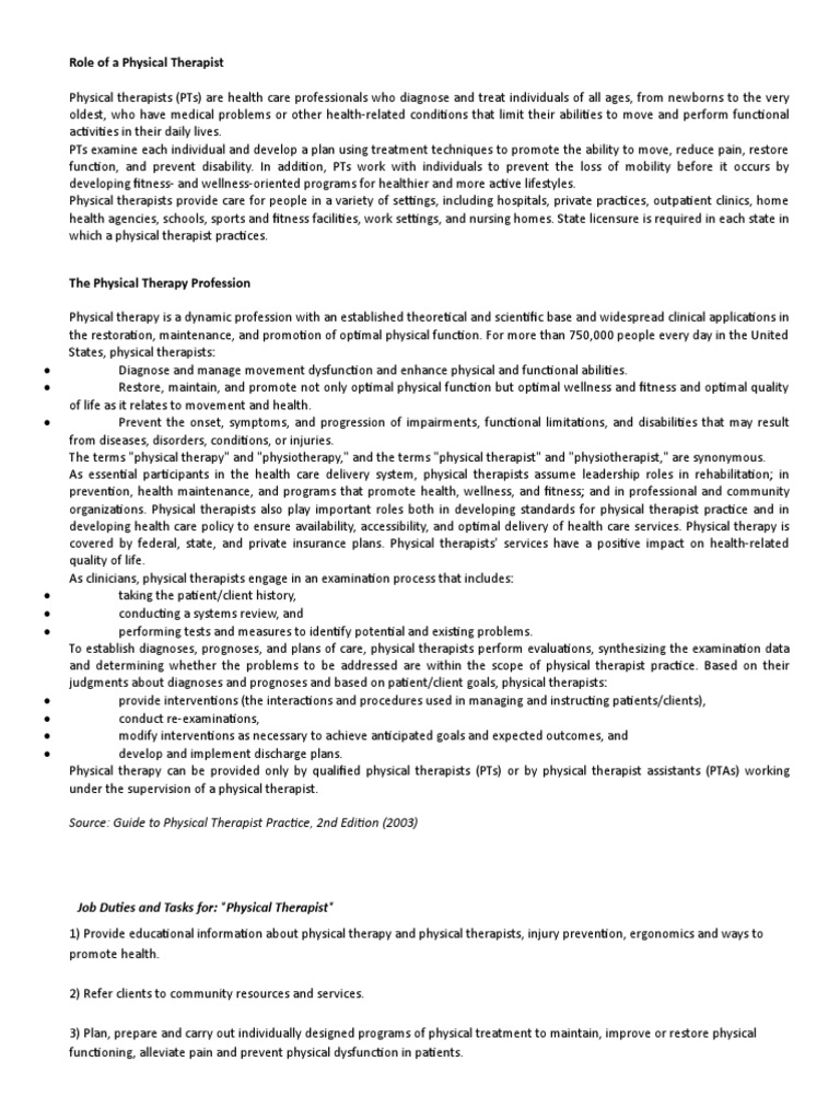 Role of A Physical Therapist: Source: Guide To Physical Therapist ...