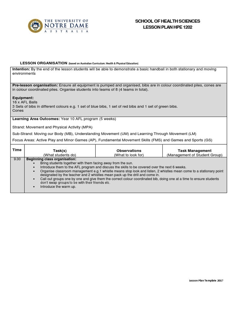 Lesson Plan - Afl Handball 1st - Resource File | PDF | Lesson Plan ...