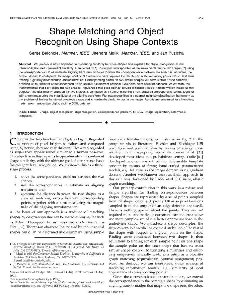 Shape Matching and Object Recognition Using Shape Contexts | PDF | Shape | Robust Statistics