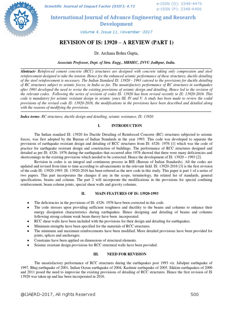 Revision of Is - 13920 - A Review (Part 1) - Ijaerdv04i1140643 | PDF ...