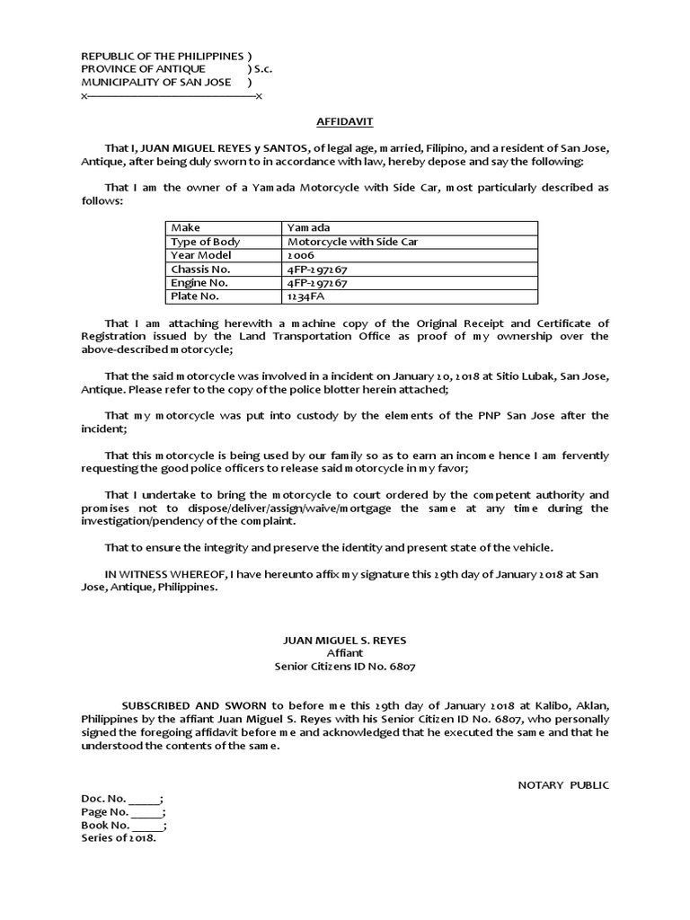 Affidavit of Undertaking (Motor Cycle) | Affidavit | Vehicles
