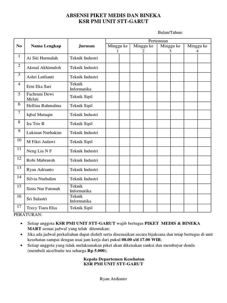 Absensi Piket KSR Pmi Unit STTG | PDF