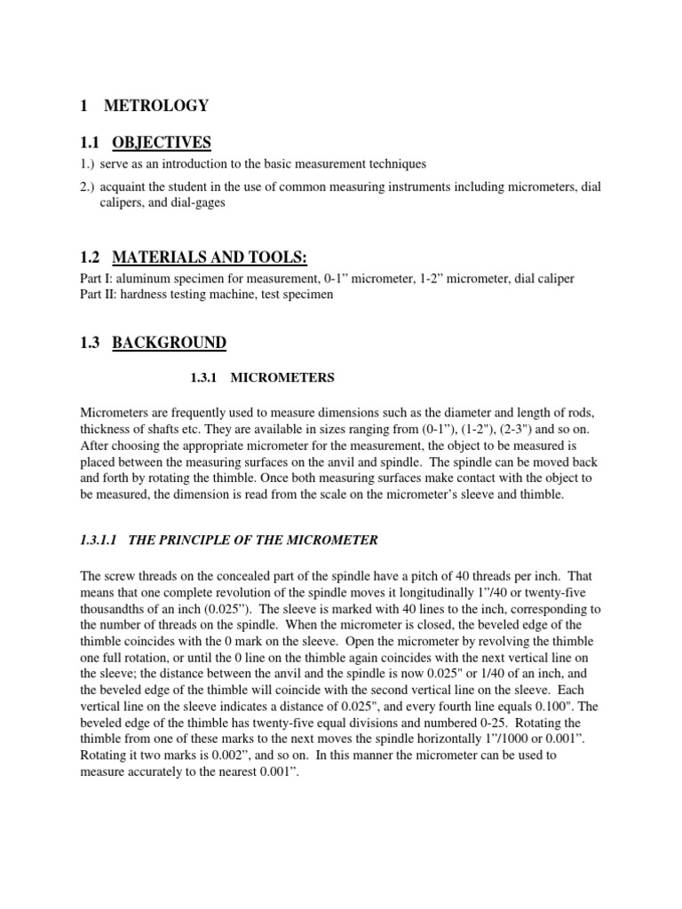 1 Metrology 1.1 Objectives: 1.3.1 Micrometers | PDF | Tools ...