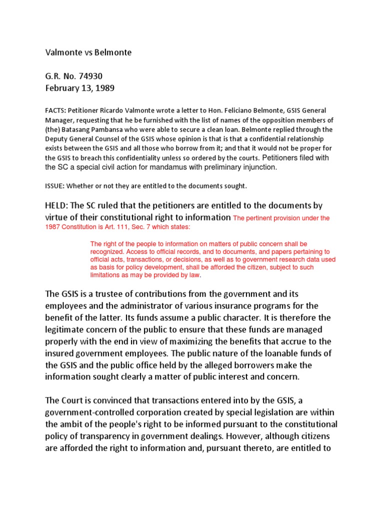 Valmonte Vs Belmonte | PDF | Freedom Of Information Laws By Country ...
