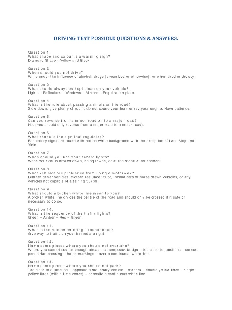 Driving Test Possible Questions | PDF | Traffic | Traffic Light