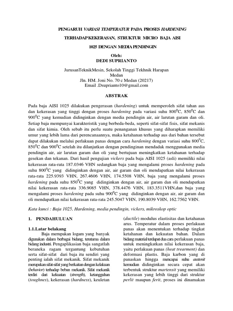 v1325 Pengaruh Variasi Temperatur Pada Proses Hardening Terhadap Kekerasan, Struktur Micro Baja ...