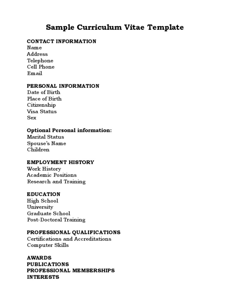 Sample Curriculum Vitae Template | PDF | Further Education | Schools