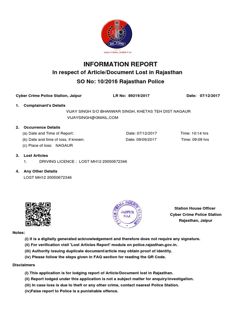 Rajasthan Lost Article Report Form | PDF