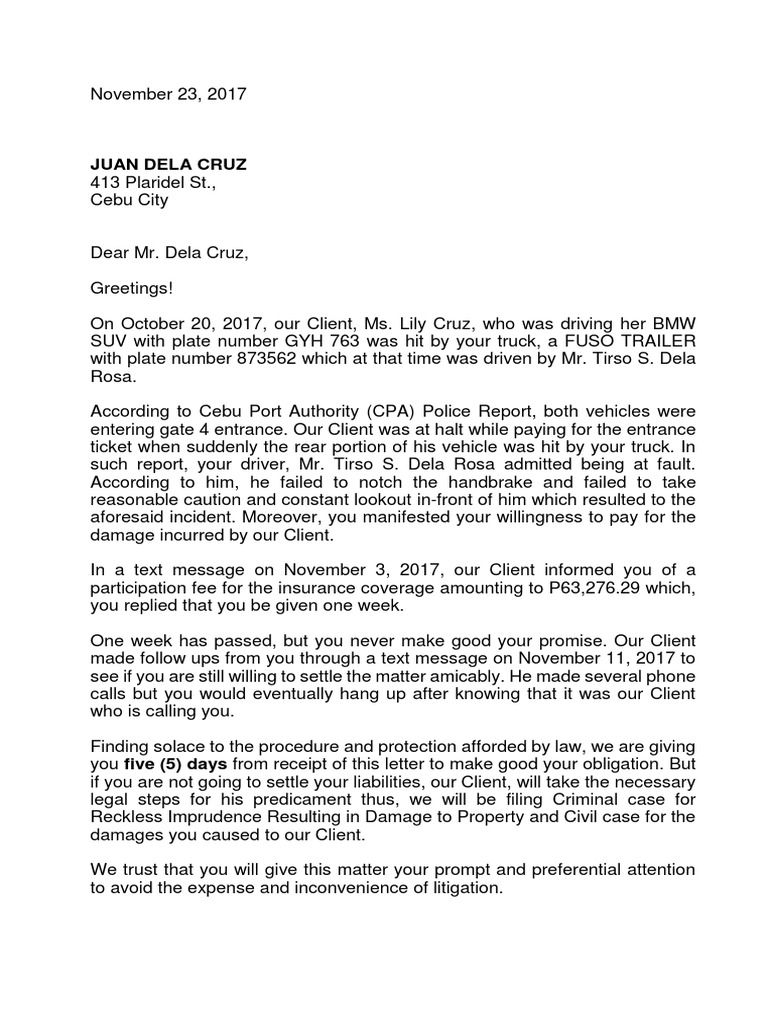 Demand Letter for Vehicle Accident Settlement | PDF