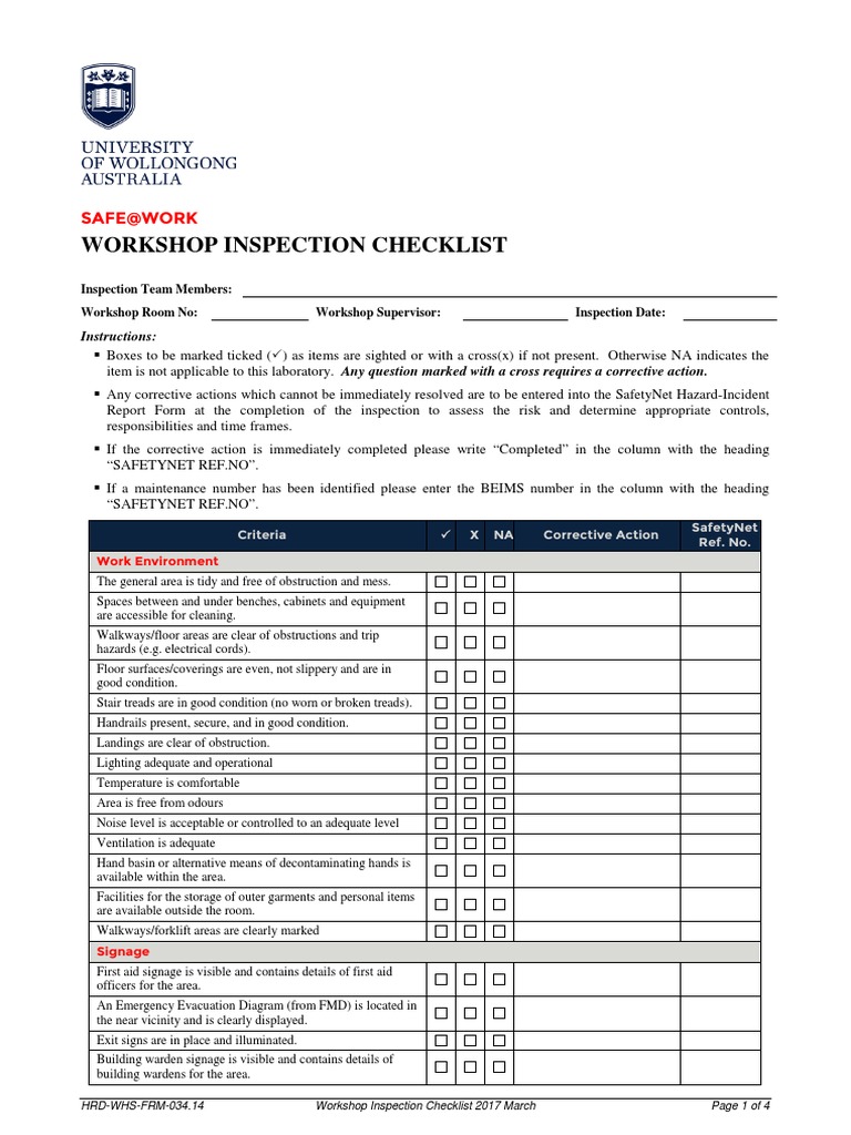 Workshop Inspection Checklist: Safe@Work | PDF | Valve | Science