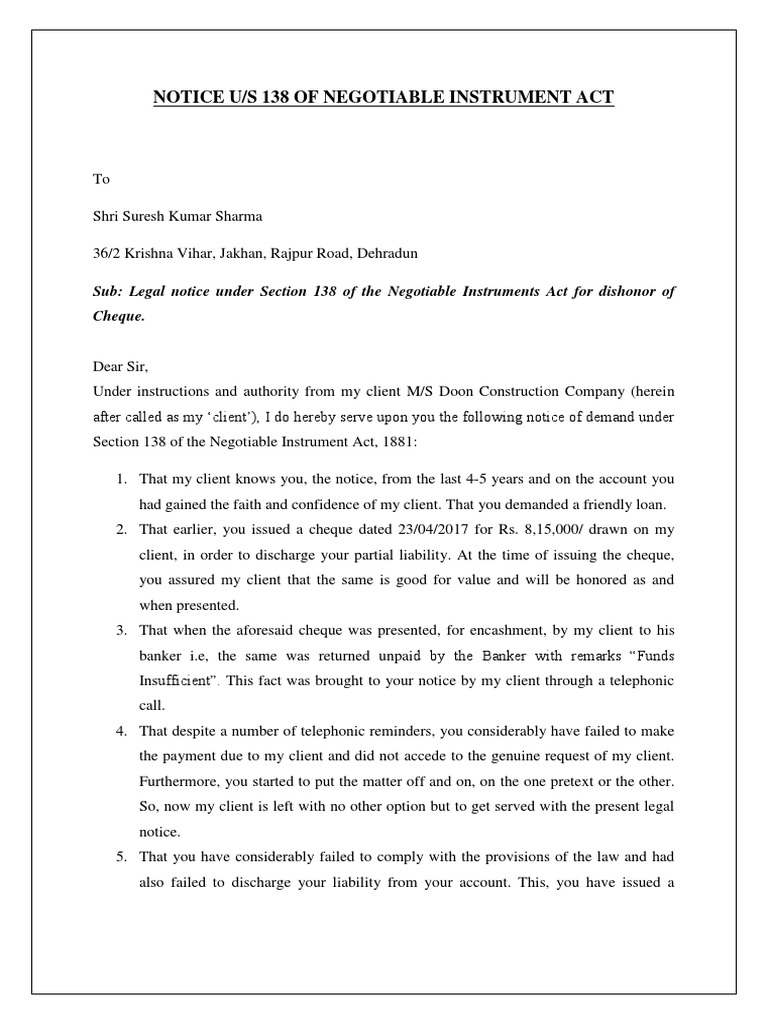 Notice U/S 138 of NI ACT | PDF | Cheque | Negotiable Instrument