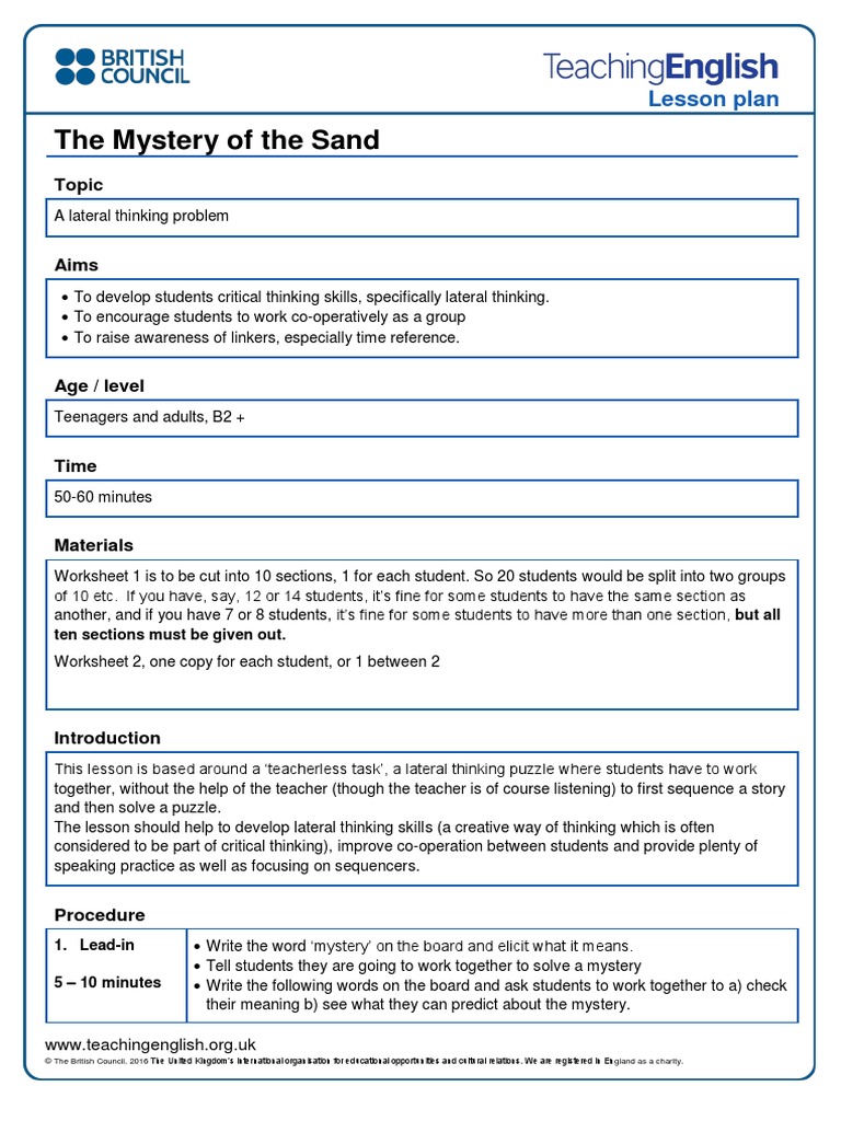 The Mystery of The Sand-Lesson-Plan | PDF | Lesson Plan | Critical Thinking