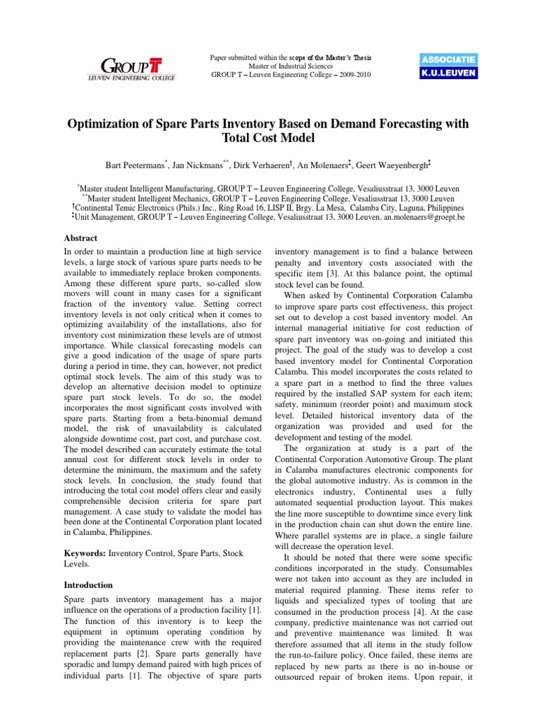 Optimization of Spare Parts Inventory Based On Demand Forecasting With ...
