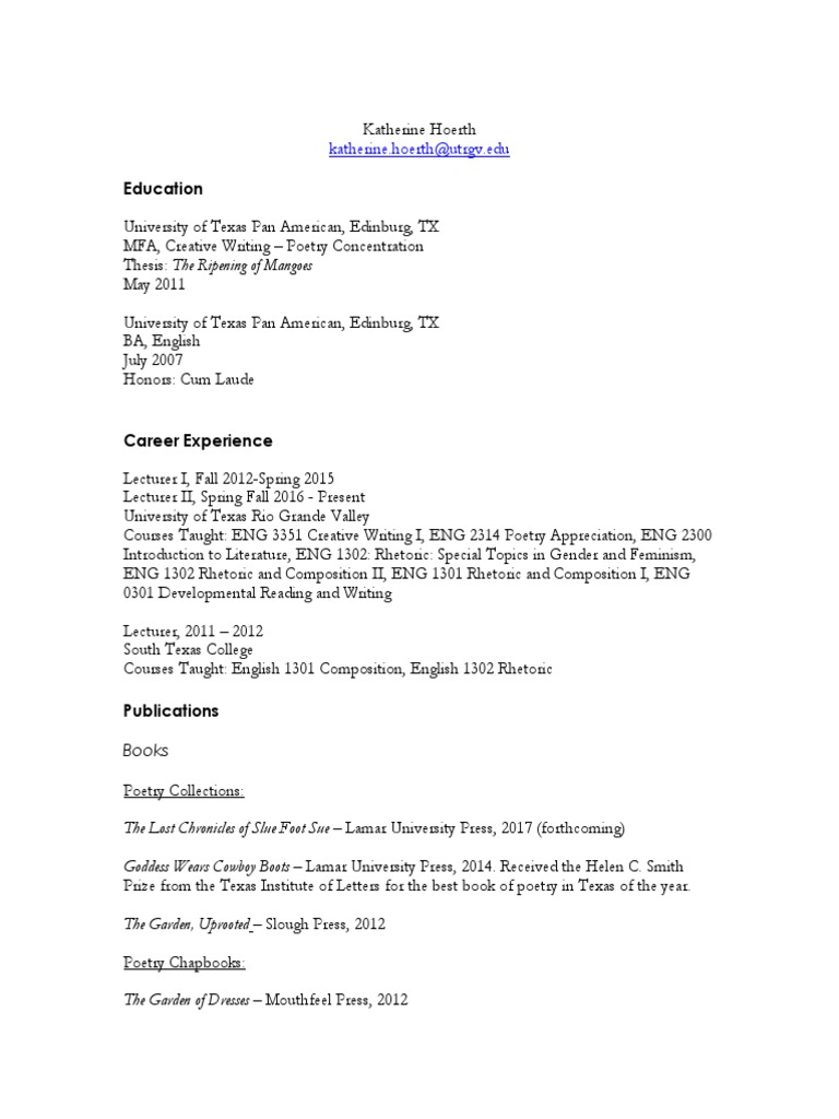 CV Katherine Hoerth 2016 | PDF | Texas | Poetry