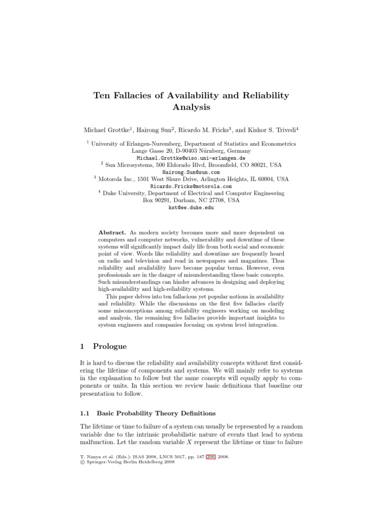Ten Fallacies of Availability and Reliability Analysis: 1 Prologue | PDF | Markov Chain ...