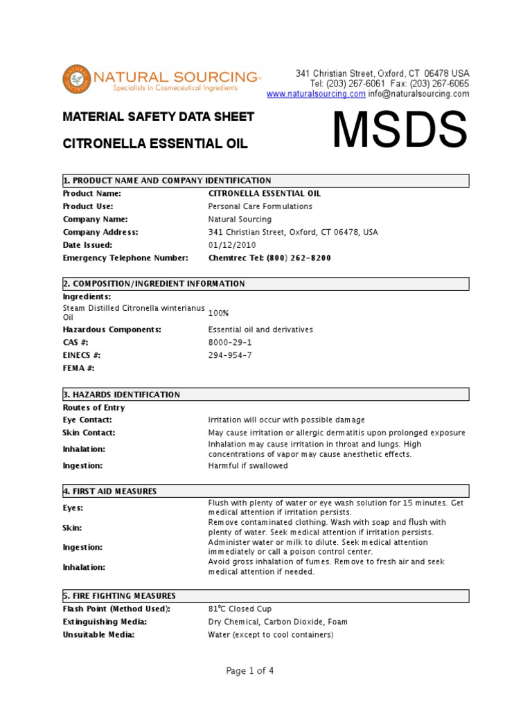 MSDS Essential Oil Citronella | PDF | Dangerous Goods | Toxicity