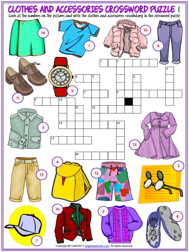 Clothes and Accessories Vocabulary Esl Crossword Puzzle Worksheets For ...