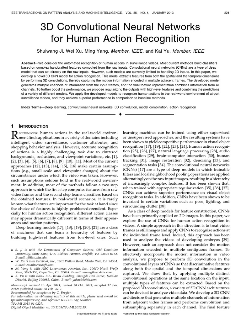 3d Convolutional Neural Networks For Human Action Recognition Pdf Artificial Neural Network