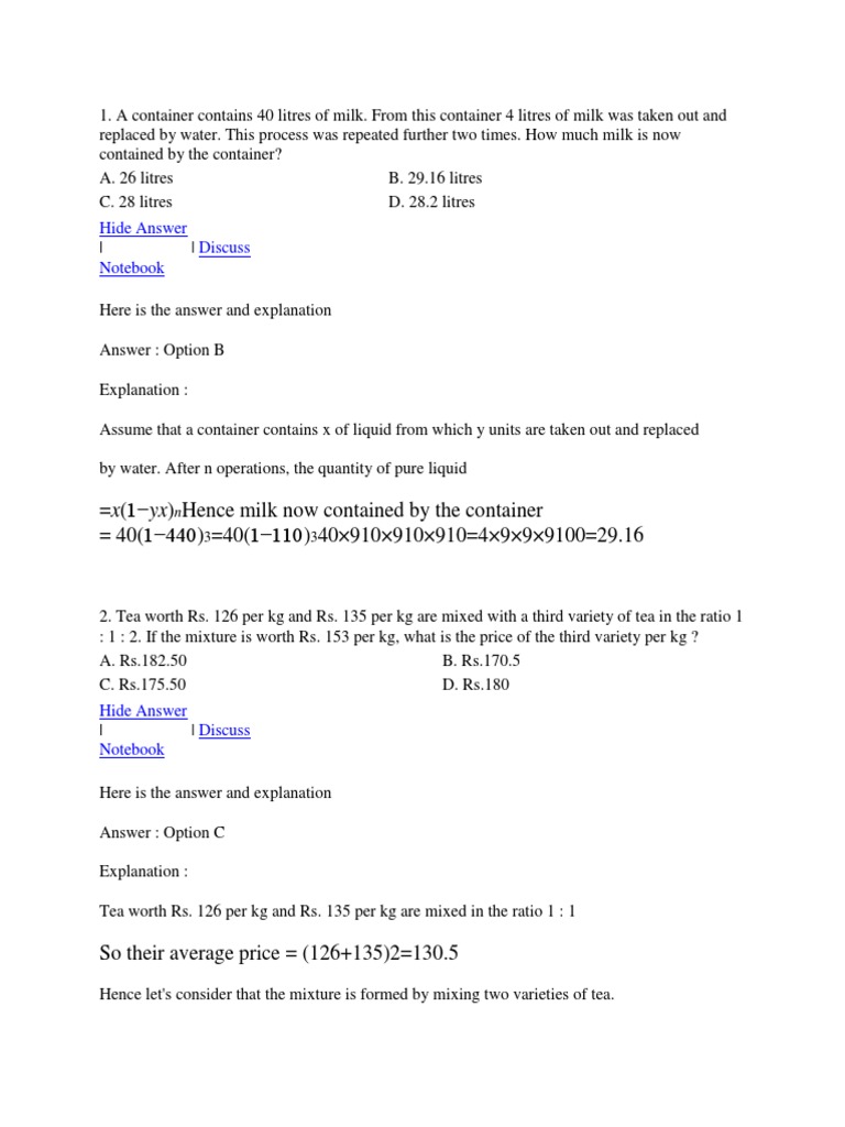 Allegation and Mixtures With Answer | PDF | Concentration | Ratio