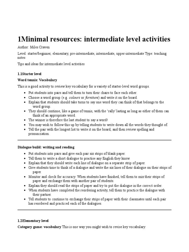 2 Minimal Resources Intermediate Level Activities | PDF | Dialogue ...