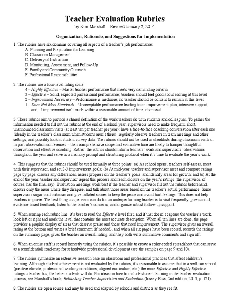 Marshall Teacher Evaluation Rubric Guide | PDF | Educational Assessment ...