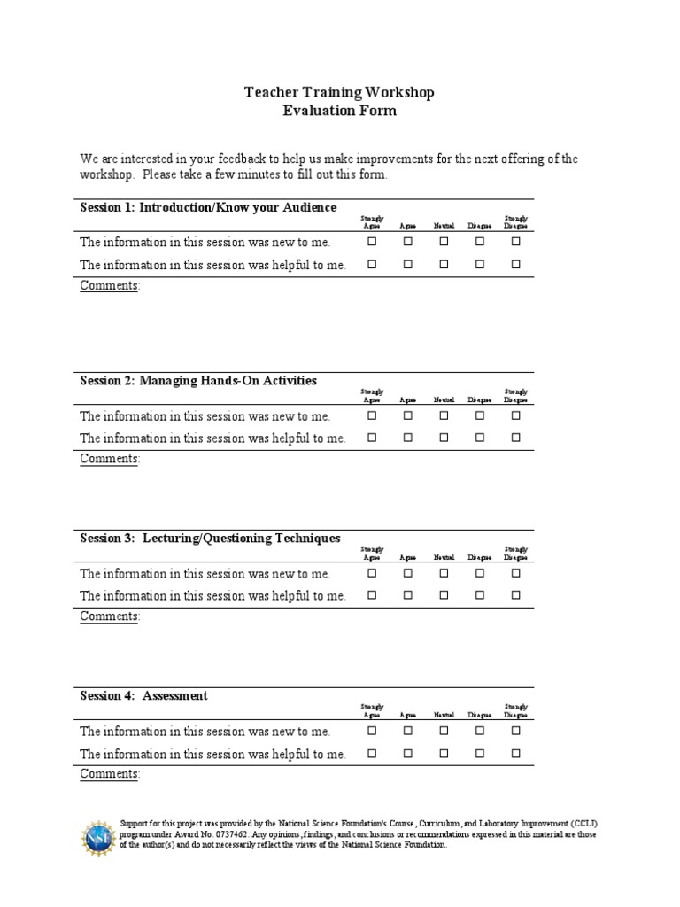 Teacher Training Workshop Evaluation Form PDF | PDF | Lecture | Sharing