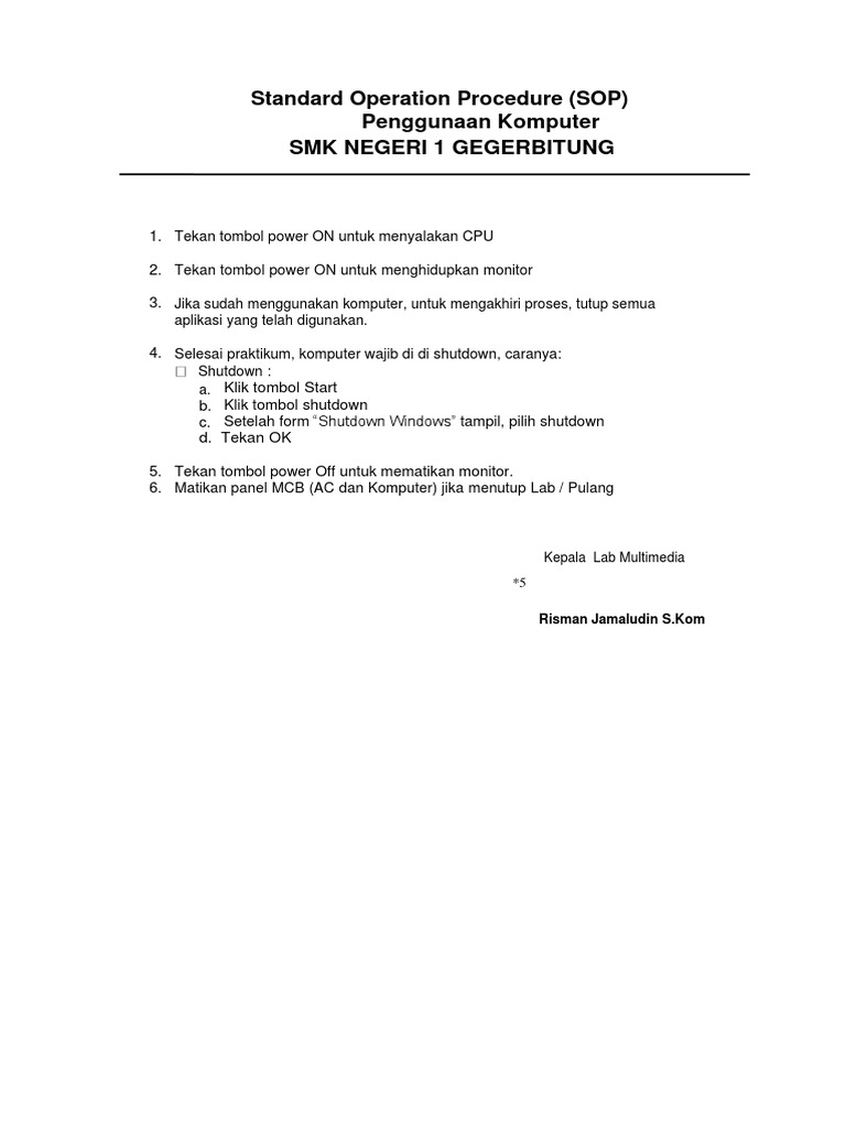 SOP Penggunaan Komputer | PDF