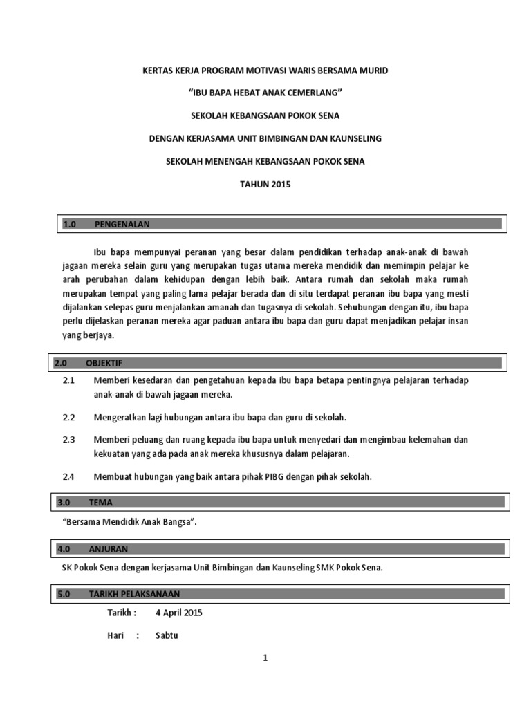Kertas Kerja Program Motivasi Waris Bersama Murid 2015 | PDF