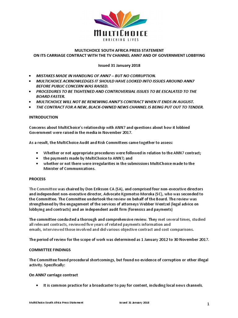 MultiChoice Press Statement - 31 Jan 2018 | PDF | Audit | Risk