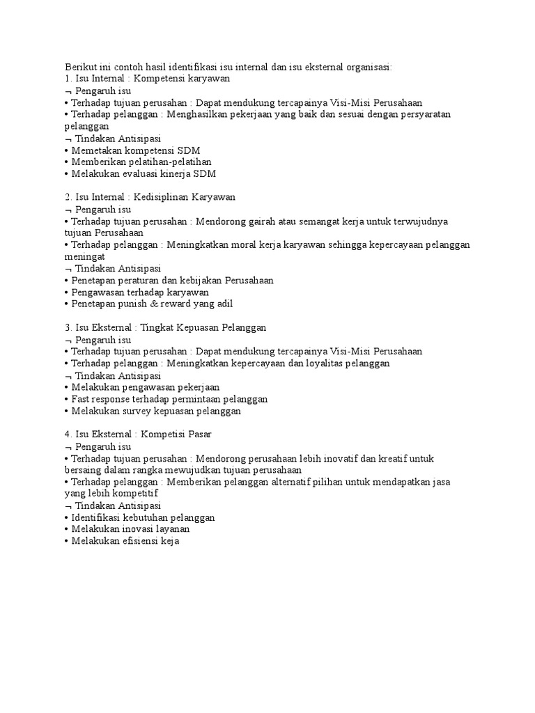 Berikut Ini Contoh Hasil Identifikasi Isu Internal Dan Isu Eksternal ...