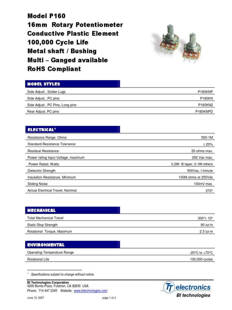 P160 Potentiometer Datasheet | PDF | Electrical Resistance And ...