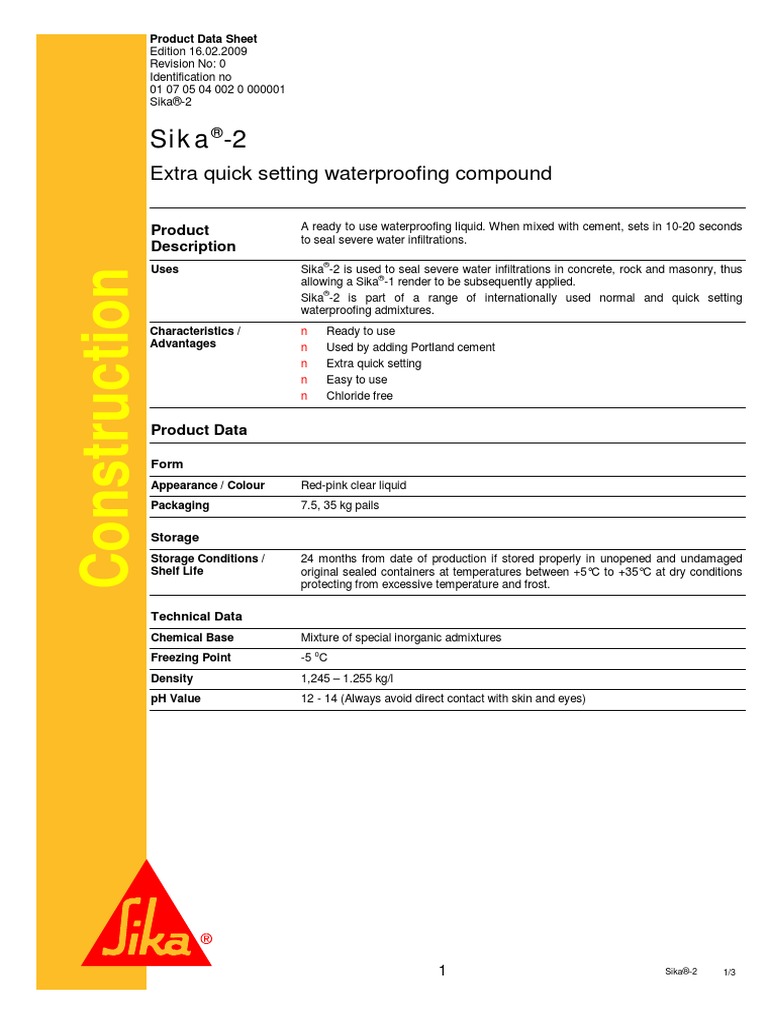 Sika - 2: Extra Quick Setting Waterproofing Compound | PDF | Concrete ...