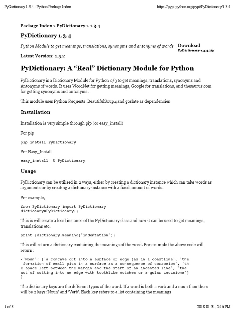 Pydictionary 134 Python Package Index Pdf Vocabulary Python 3505
