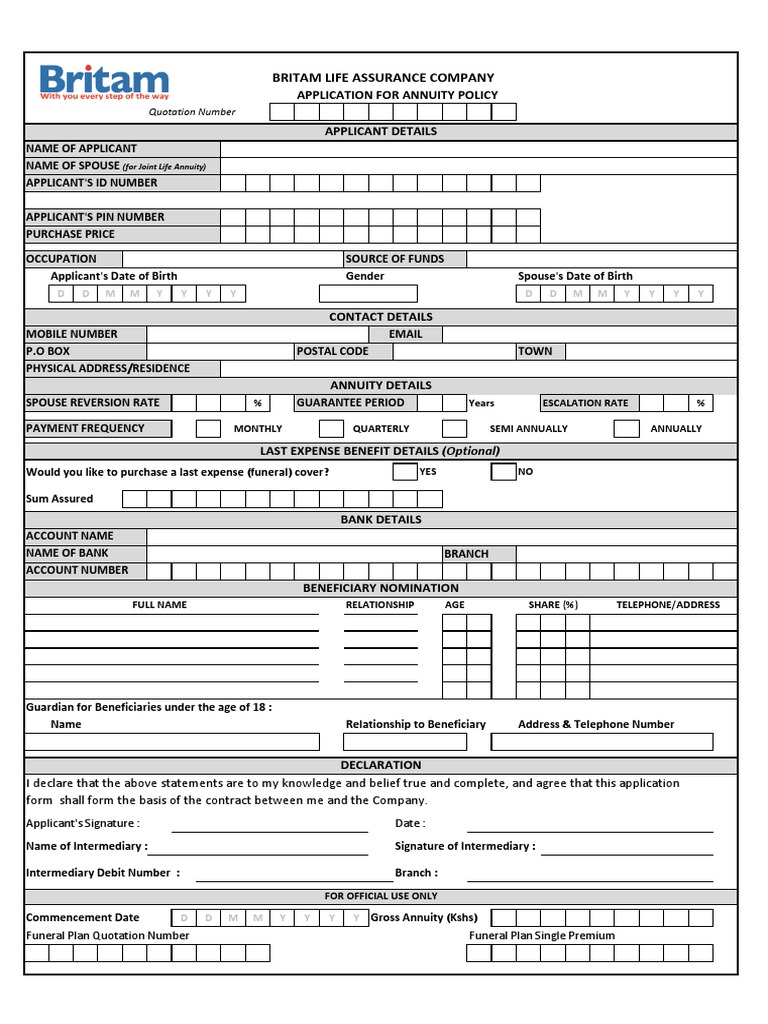 BRITAM Annuity Application Form New (1) | Life Annuity | Life Insurance