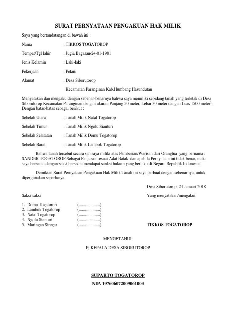 Surat Pernyataan Pengakuan Hak Milik
