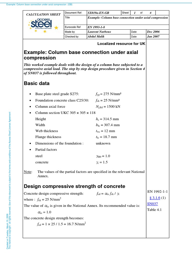 SX019a-Example Column Base Connection Under Axial Compression PDF | PDF ...