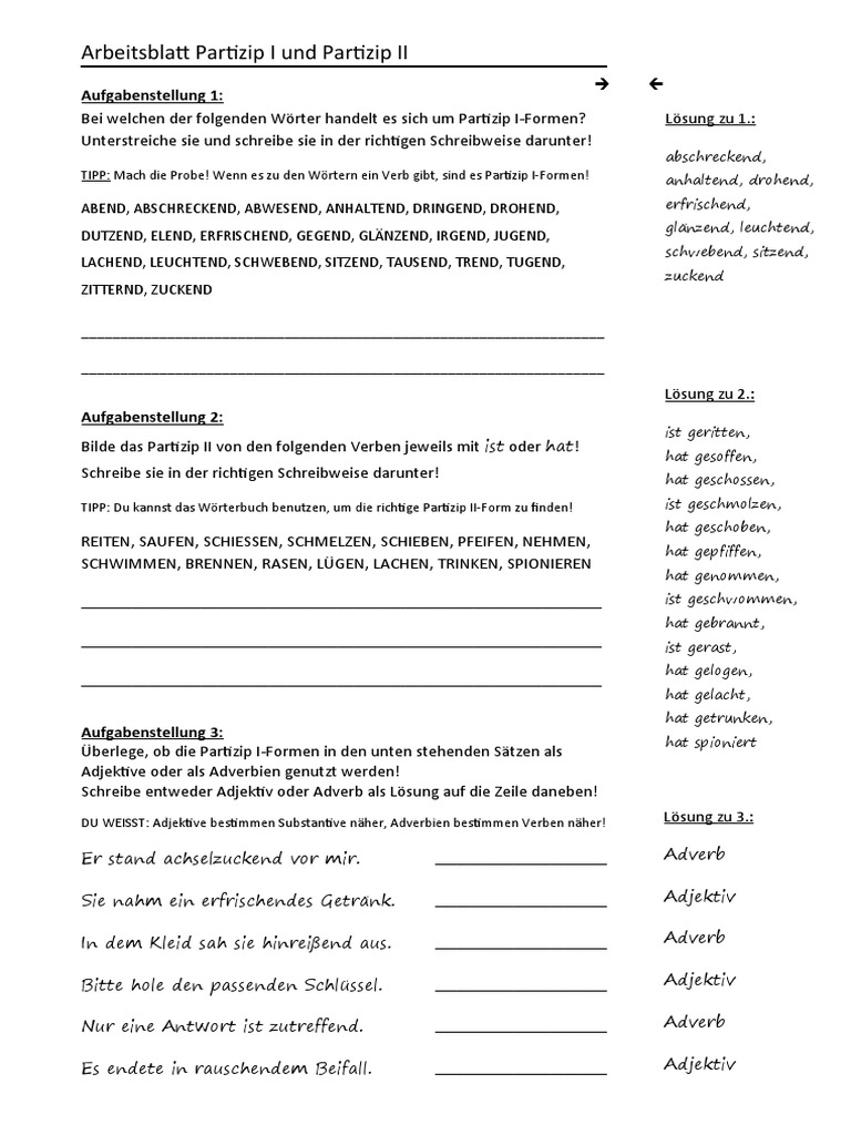 Arbeitsblatt Zu Partizip I Und Partizip II Mit Lösungsteil | PDF