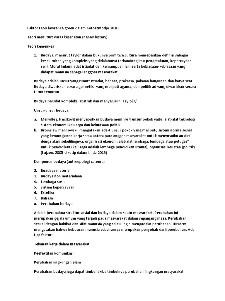 Faktor Teori Lawrence Green Dalam Notoatmodjo 2010 | PDF
