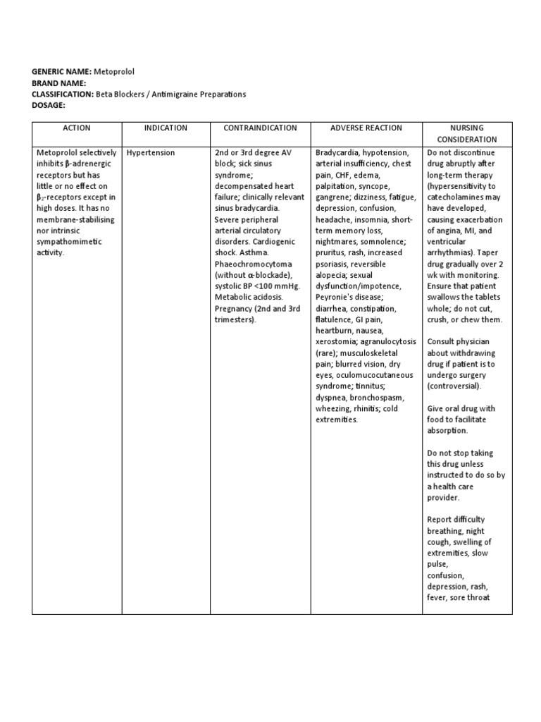 GENERIC NAME: Metoprolol Brand Name: CLASSIFICATION: Beta Blockers ...