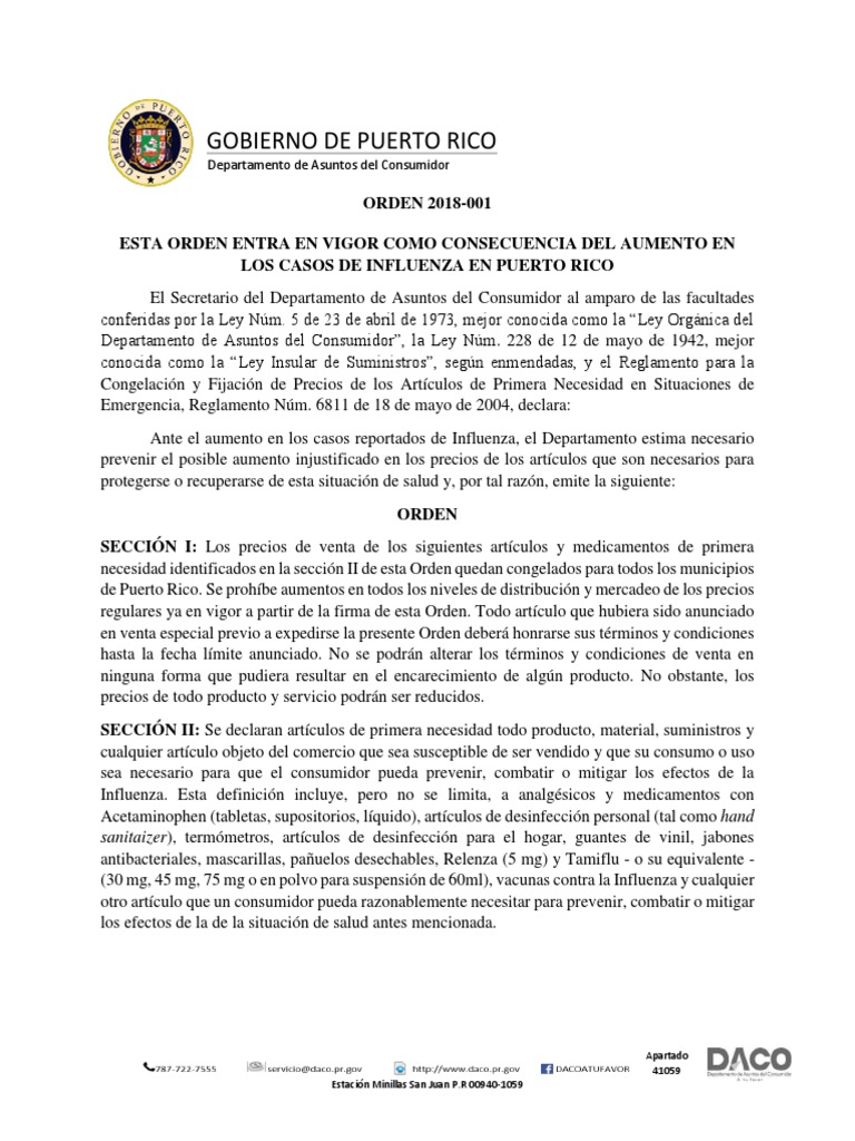 Orden de DACO | Descargar gratis PDF | Puerto Rico | Influenza