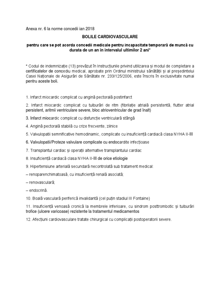 Anexa 6 Concedii Boli Cardiovasculare Cod 13 | PDF