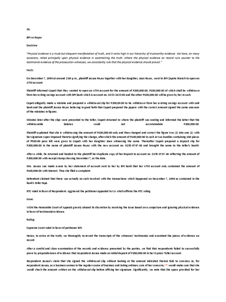 BPI Vs Reyes | PDF | Evidence | Witness