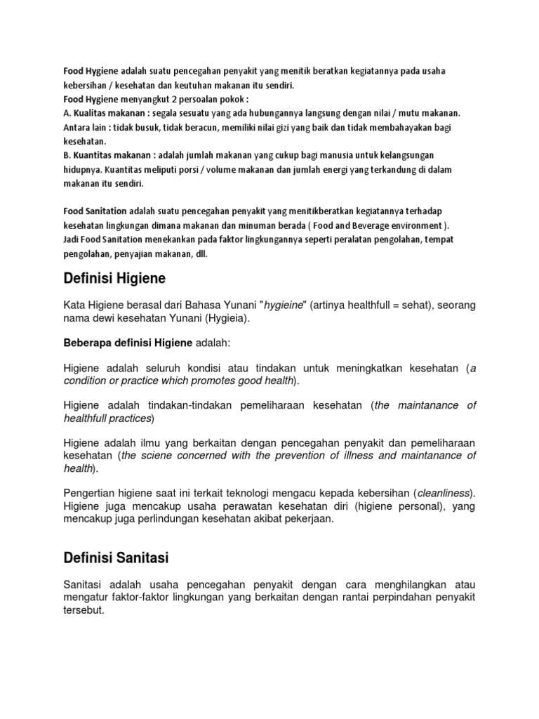 Food Hygiene Adalah Suatu Pencegahan Penyakit Yang Menitik Beratkan ...