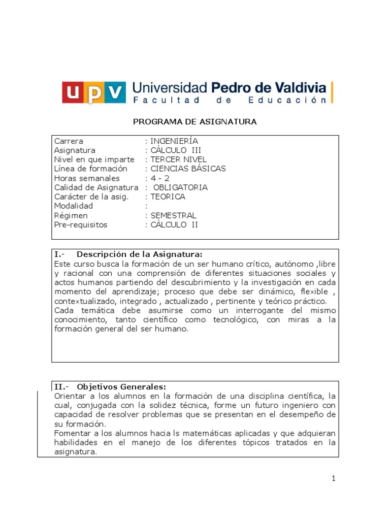 PROGRAMA DE ASIGNATURA Cálculo III | PDF | Derivado | Integral