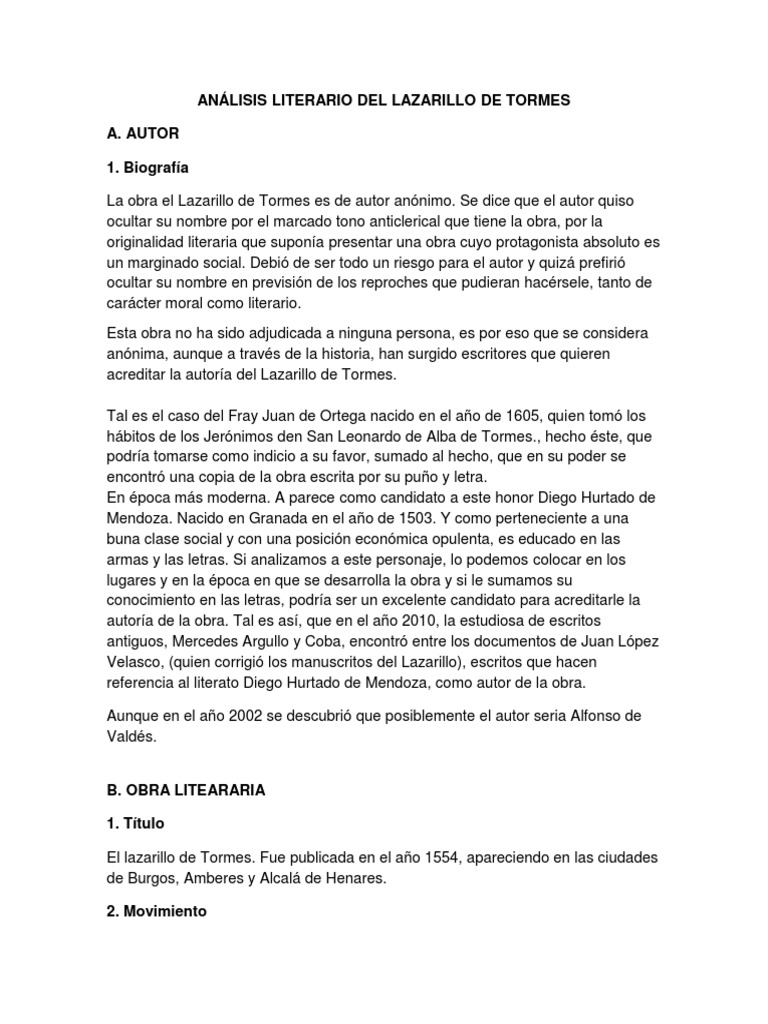 Analisis Del Lazarillo de Tormes | PDF | Novelas