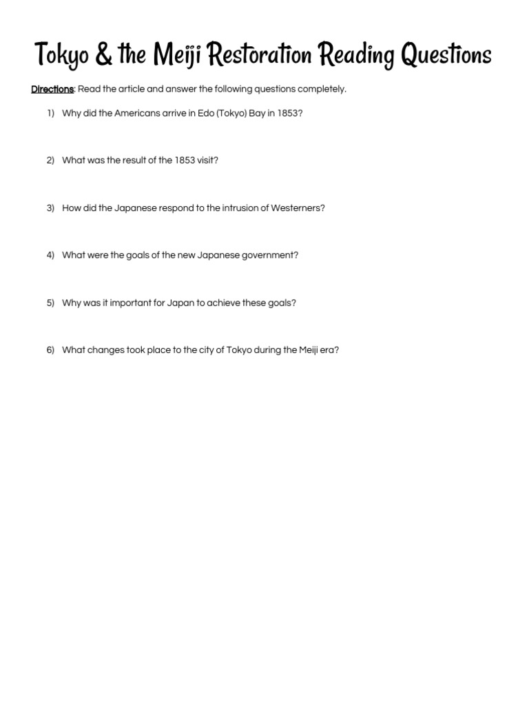 Tokyo The Meiji Restoration Reading Questions | PDF
