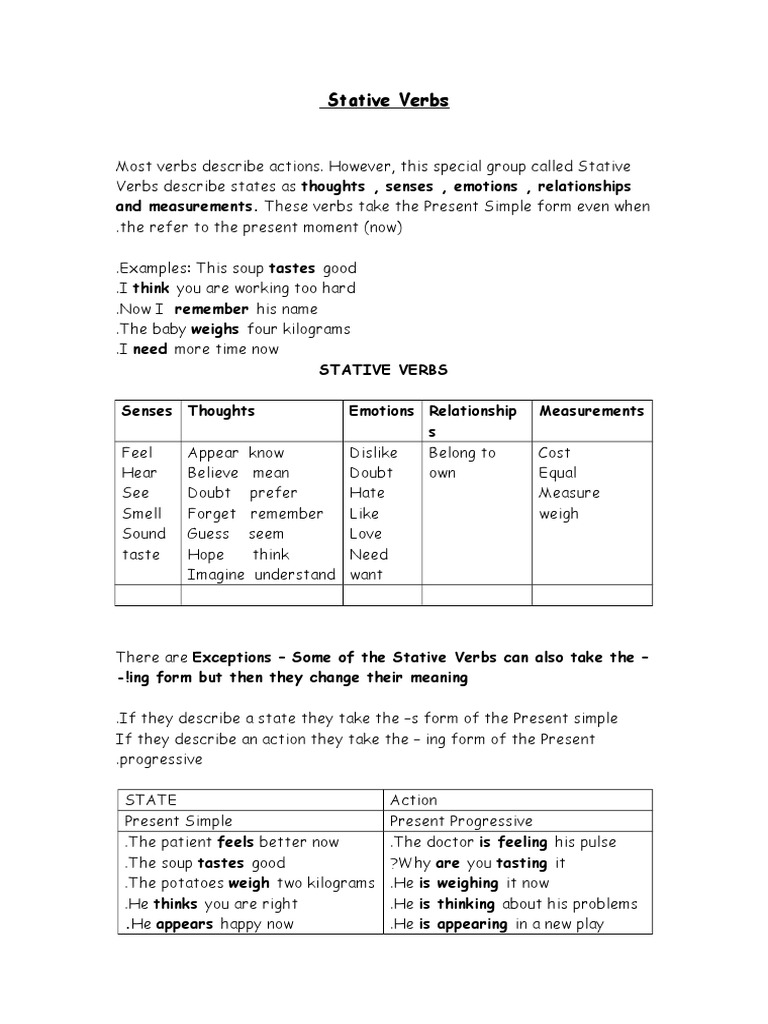 Stative Verbs: and Measurements. These Verbs Take The Present Simple ...