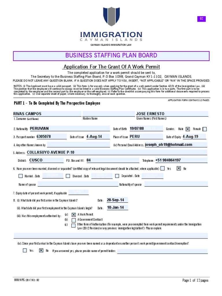 Grant of A Work Permit Blank | PDF | Pension | Cayman Islands