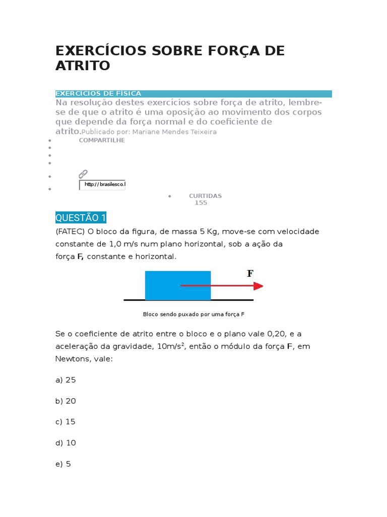 10 Exercícios Sobre Força de Atrito | PDF | Atrito | Física Nuclear